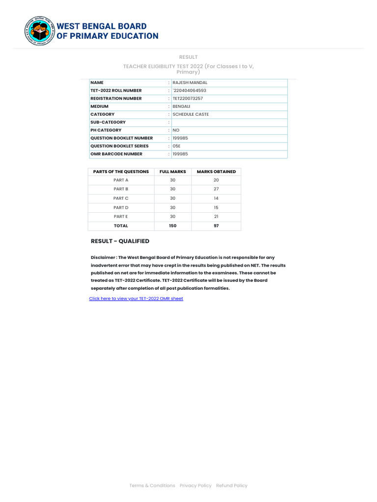 WB TET 2022 Result and Marksheet | PDF