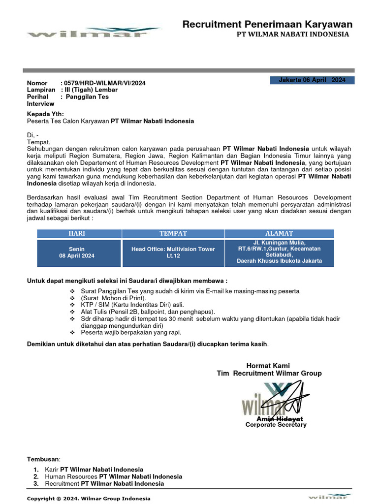 Undangan Interview PT. Wilmar Nabati Indonesia 2024 | PDF