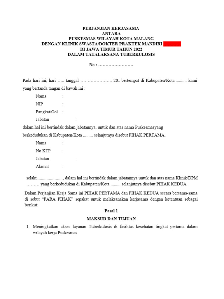 Template MoU Tatalaksana TB Antara Puskesmas Dan DPM-Klinik | PDF | Kesehatan Holistik
