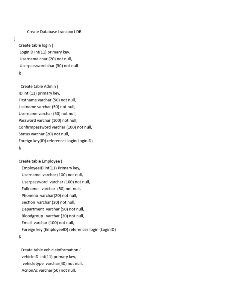 Create Database Transport DB | PDF | Sql | Information Retrieval Create Database Transport DB | PDF | Sql | Information Retrieval