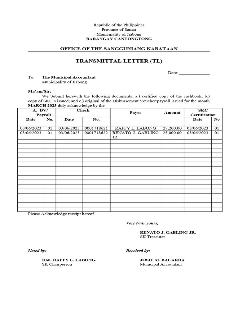 SK Transmittal Letter for March 2023 | PDF