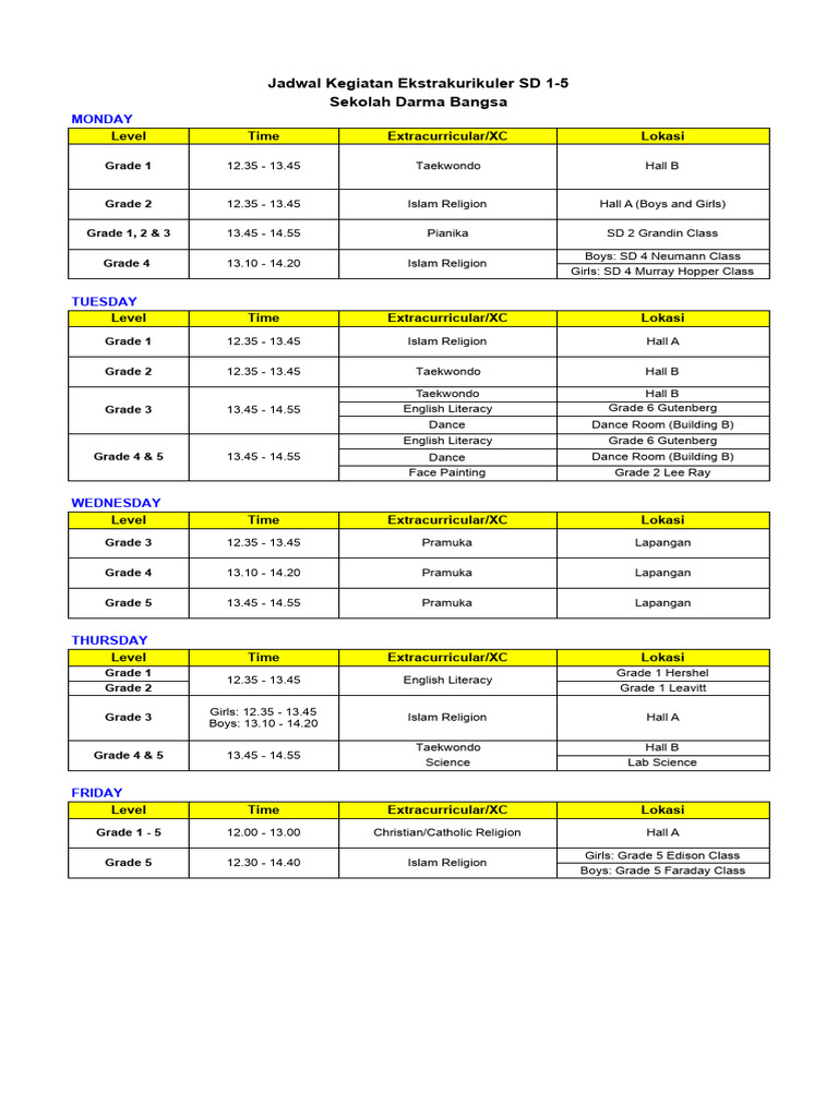 Jadwal Kegiatan Ekstrakurikuler Sd 1 5 Pdf