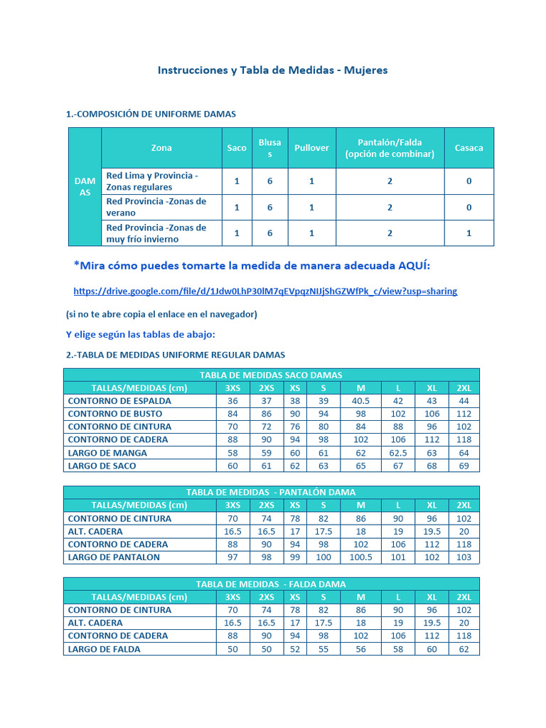 Instrucciones y Tabla de Medidas DAMAS revisado | PDF