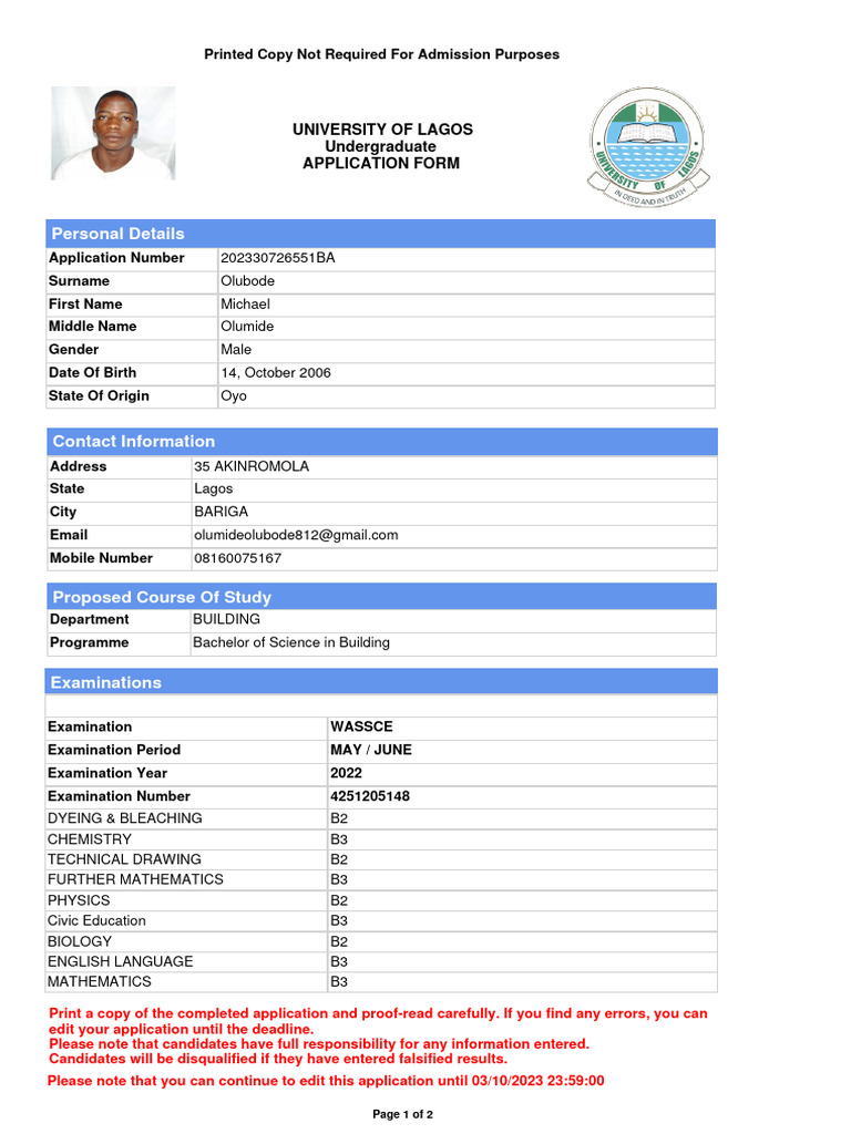 ApplicationFormPrintOut Olubode Michael | PDF | Educational Stages