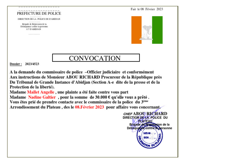Convocation de Police - Affaire Mallet Galtier | PDF