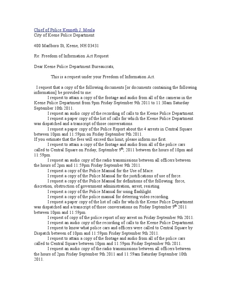 Keene PD FOIA Request Letter | Freedom Of Information Act (United ...