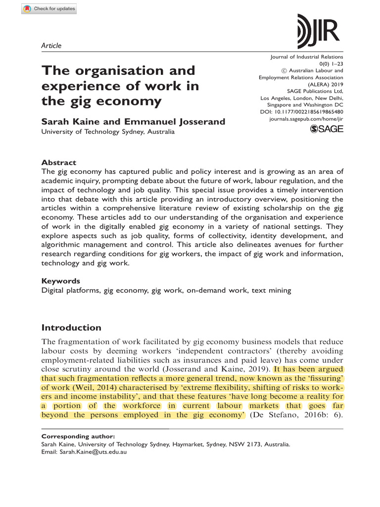 Understanding Work in the Gig Economy | PDF | Employment | Risk