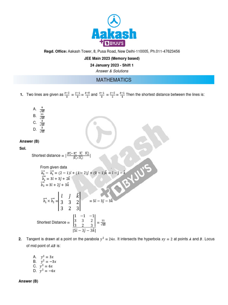 JEE Main 2023 Math 24 Jan Shift 1 QP | PDF | Equations | Mathematical Objects