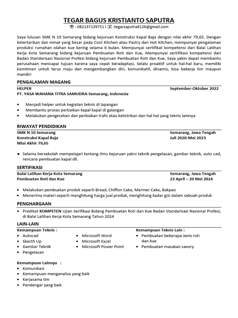 CV Tegar Bagus Kristianto Saputra | PDF | Bisnis