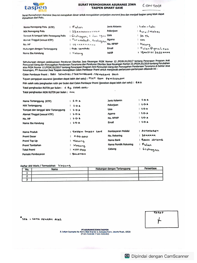 Contoh Pengisian SPAJ | PDF