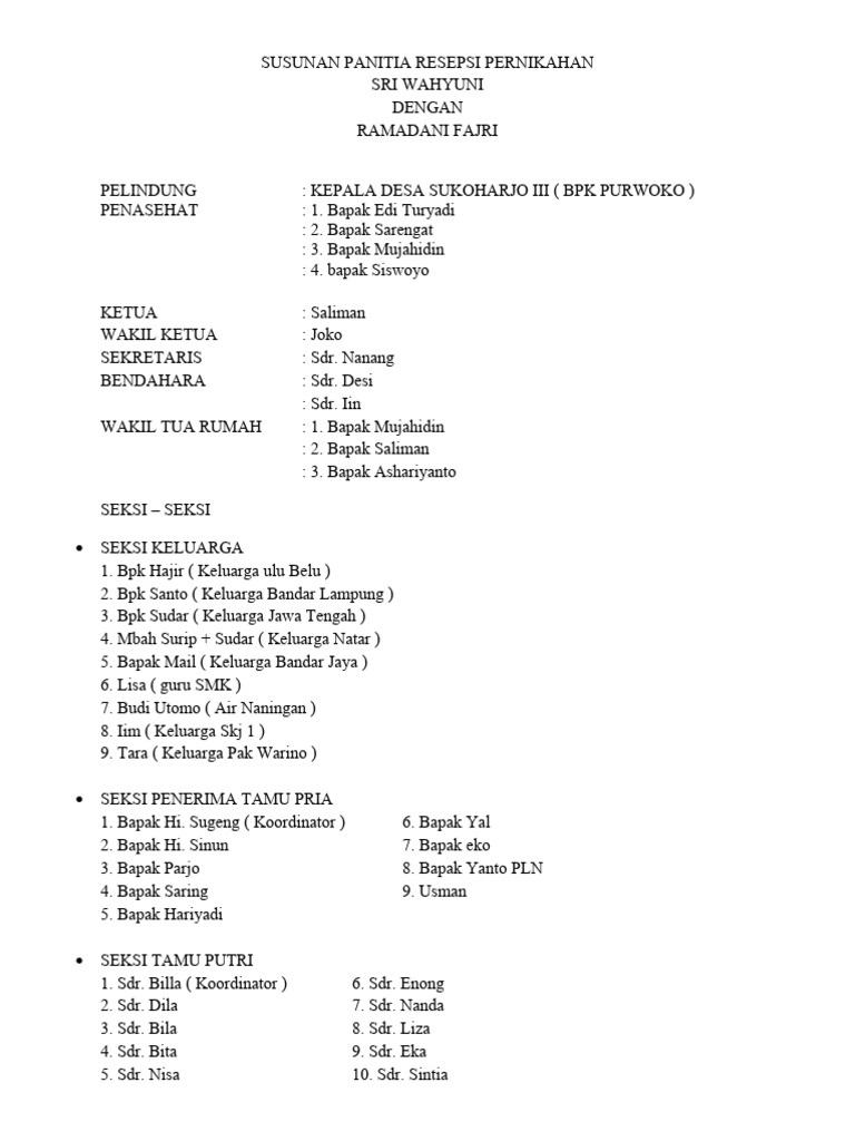 Susunan Panitia Resepsi Pernikahan | PDF | Perjalanan
