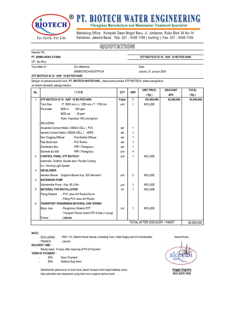 059 Pt. Bhina Reka Utama - STP Biotech Tipe Si 10 - Kap. 10 M3 Per Hari ...