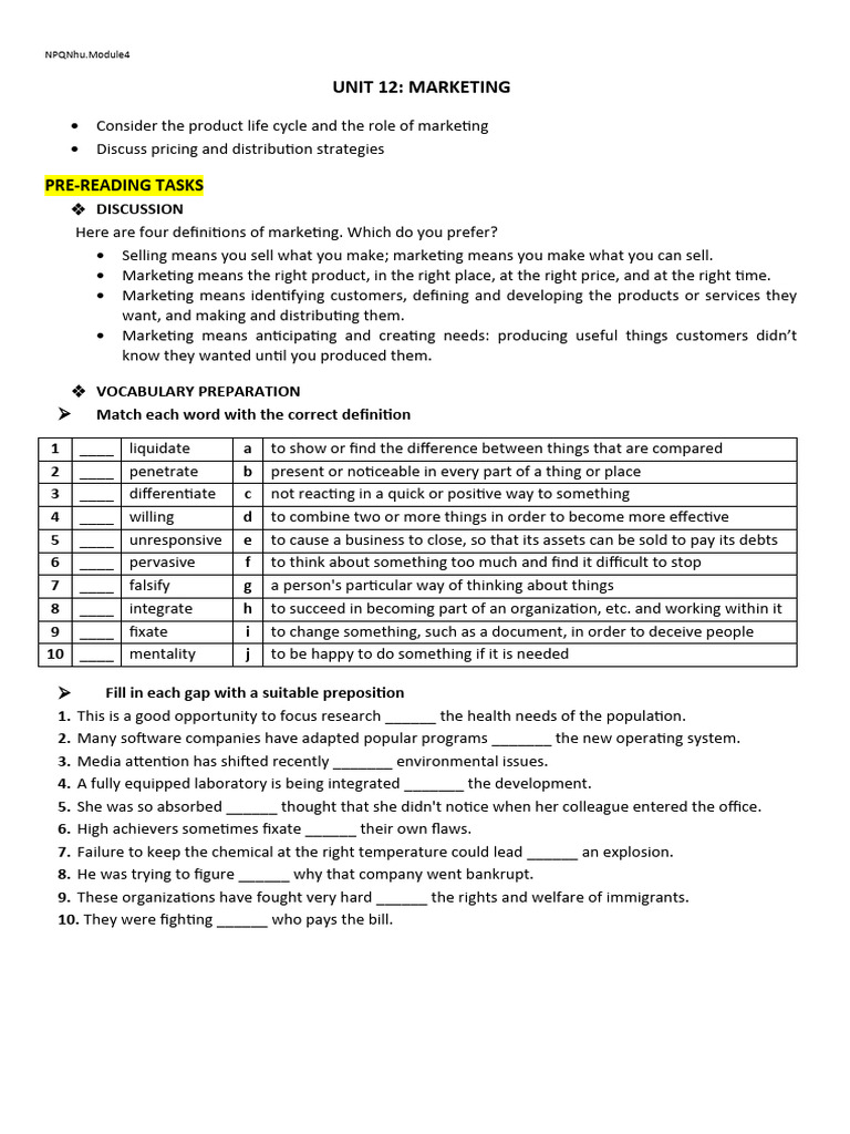 EFBS - UNIT 12 - Reading - Activities | PDF | Marketing | Market ...