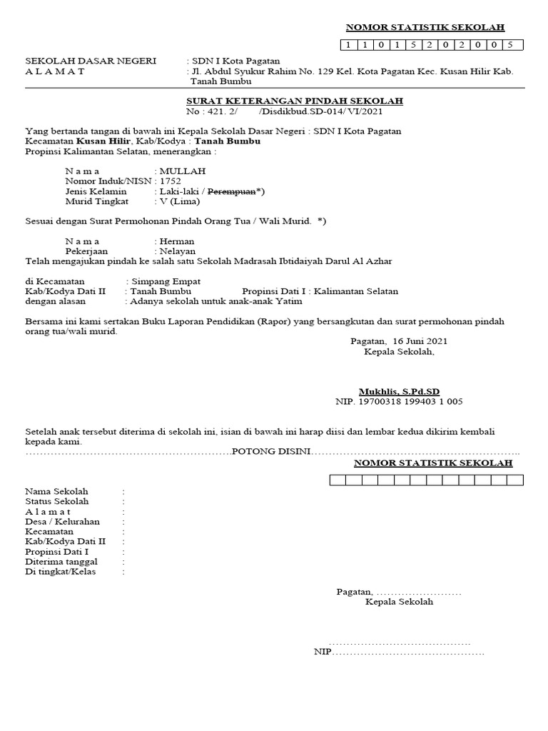 Surat Ket. Pindah Sekolah (Pakai NSS) | PDF