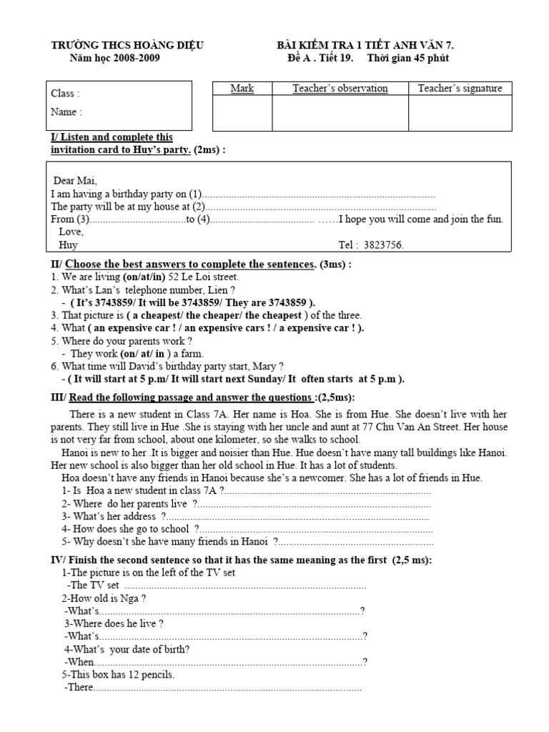 Kiem Tra Tiet 19 Lop 7 HK I Avan 200809 | PDF | Vietnamese People | Vietnam