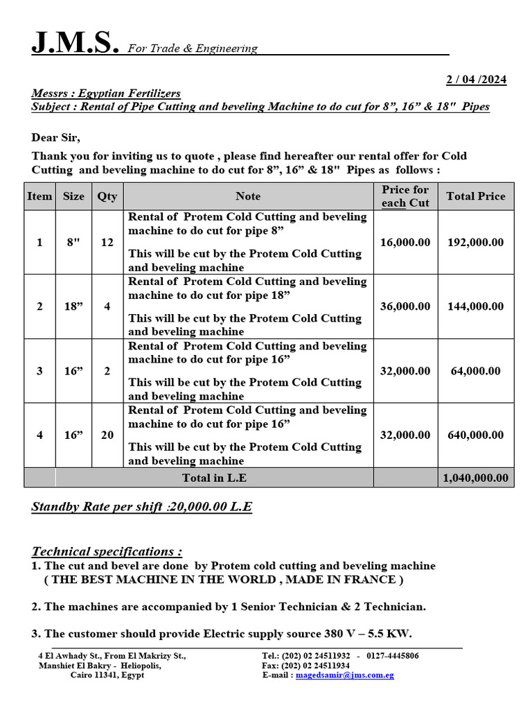 JMS Rental Offer For EFC | PDF