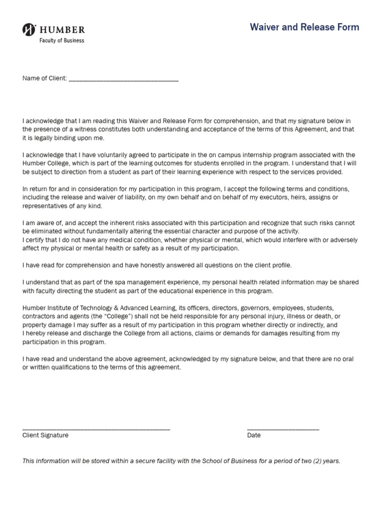 Traditional Esthetics Client Waiver Record Fillable | PDF | Edema ...