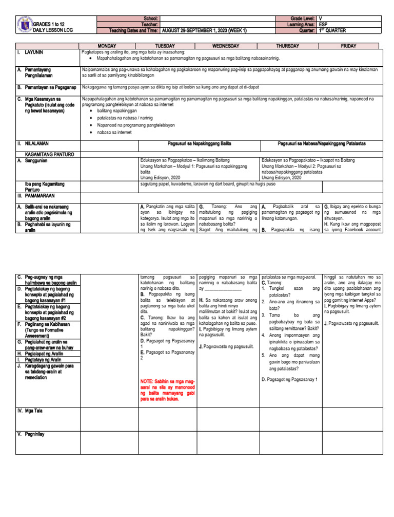 ESP DLL Q1 W1-No | PDF