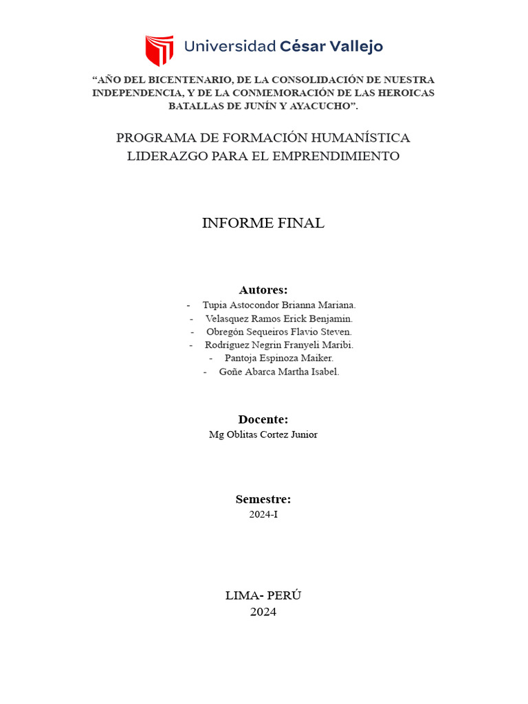 Informe Final - Liderazgo para El Emprendimiento | PDF | Marketing ... Informe Final - Liderazgo para El Emprendimiento | PDF | Marketing ...