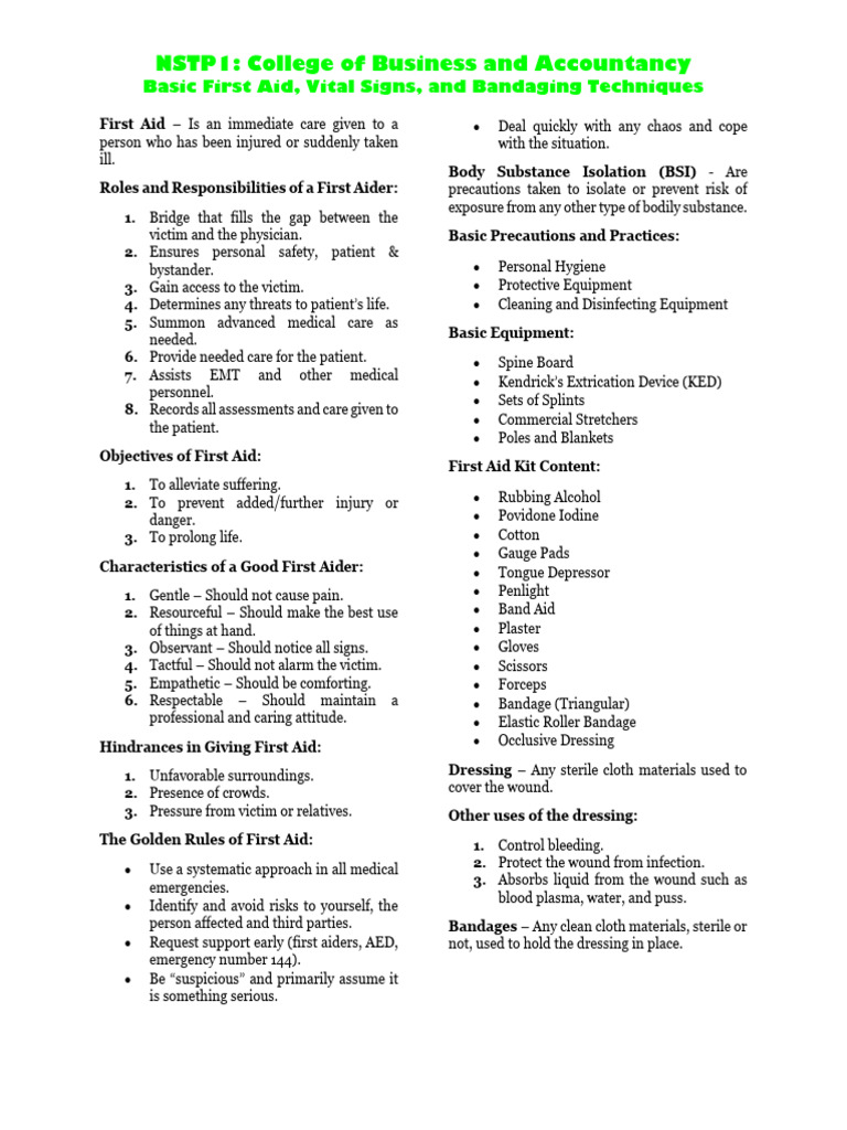 NSTP1 Basic First Aid Vital Signs and Bandaging Techniques | PDF ...