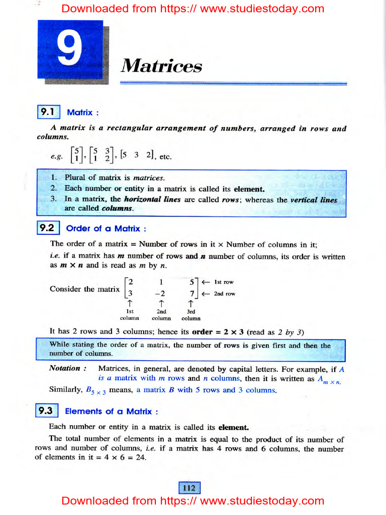 ICSE Class 10 Bansal Maths Chapter 09 Matrices | PDF