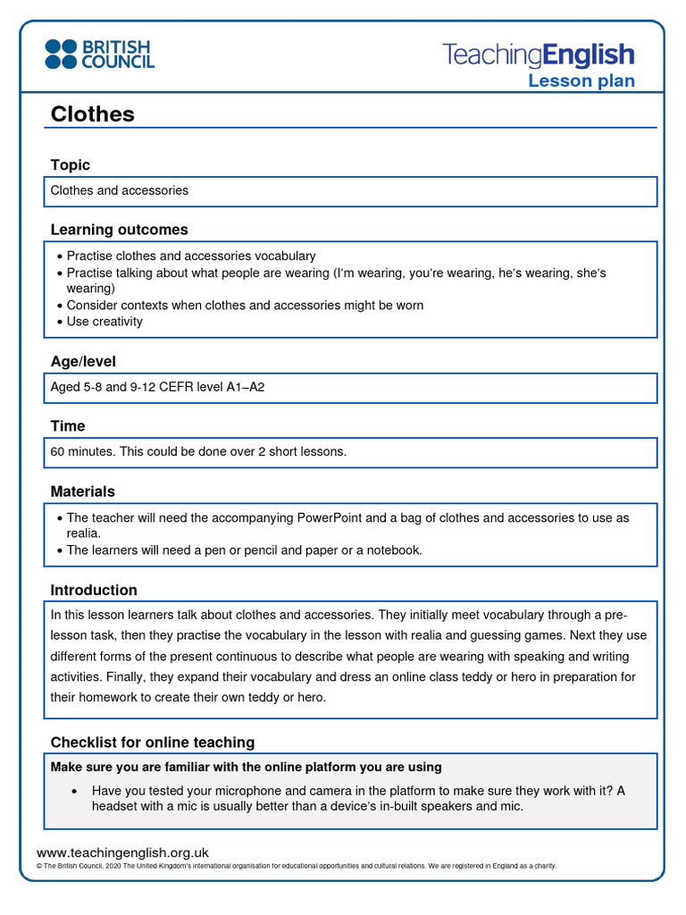 Teaching Kids Clothes Online Lesson Plan | PDF | Learning | Lesson Plan