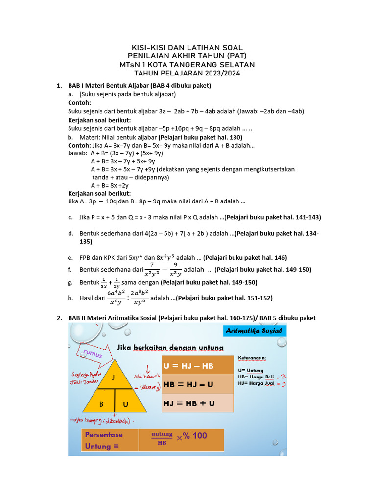 Kisi-Kisi Dan Latihan Soal Pat MTK Kelas 7 2023-2024 | PDF | Metode & Bahan Ajar