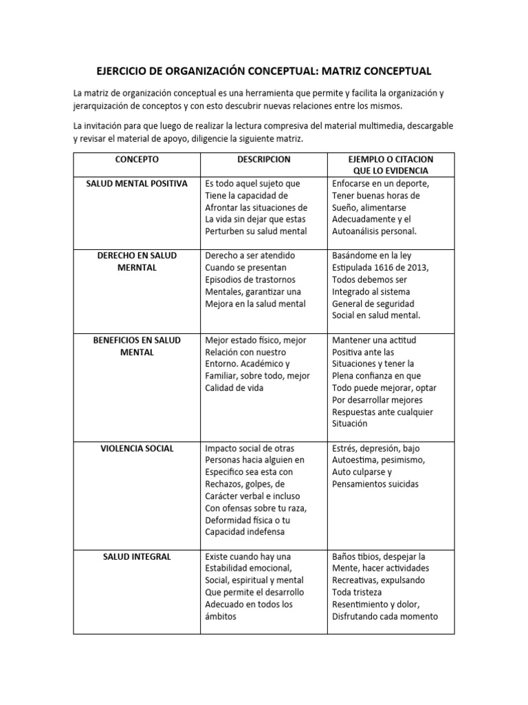 Ejercicio de Organizacion Conceptual. Matriz Conceptual | PDF | Mente ...