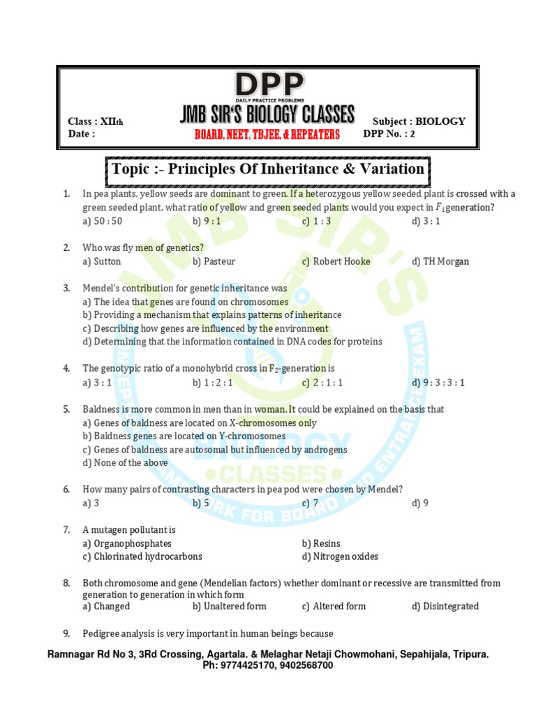 Principles of Inheritance Quiz | PDF | Dominance (Genetics) | Genotype