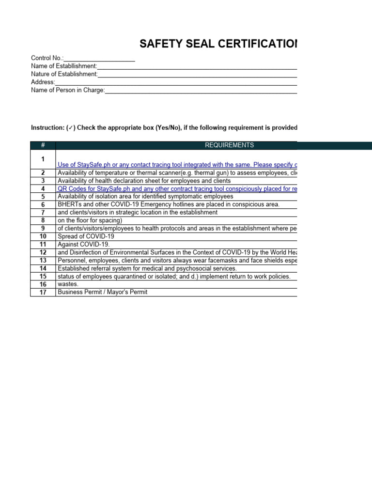 Safety Seal Certification Checklist Draft CRA AJLv 052021 | PDF ...