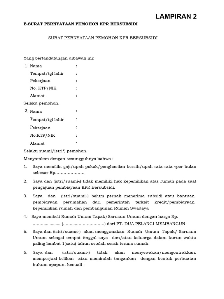 Format E Surat Pernyataan Pemohon KPR Bersubsidi | PDF