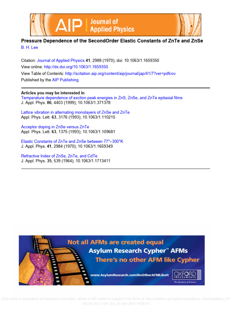 Pressure Dependence of The Second Order Elastic Constants of ZnTe and ZnSe, Lee1970 | PDF ...
