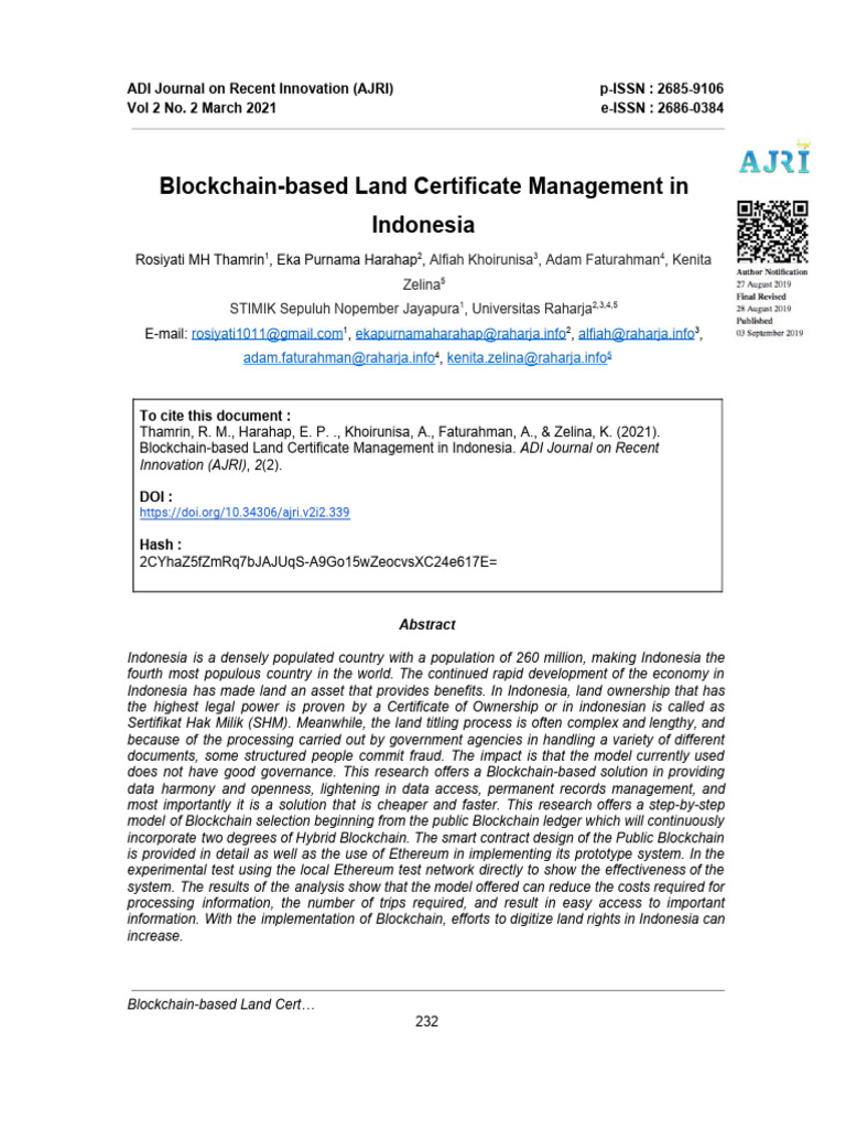 Blockchain-based Land Certificate Management in Indonesia | PDF | Computing