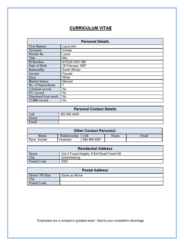 CV Laura Ann Vorster | PDF | Teachers | Salary