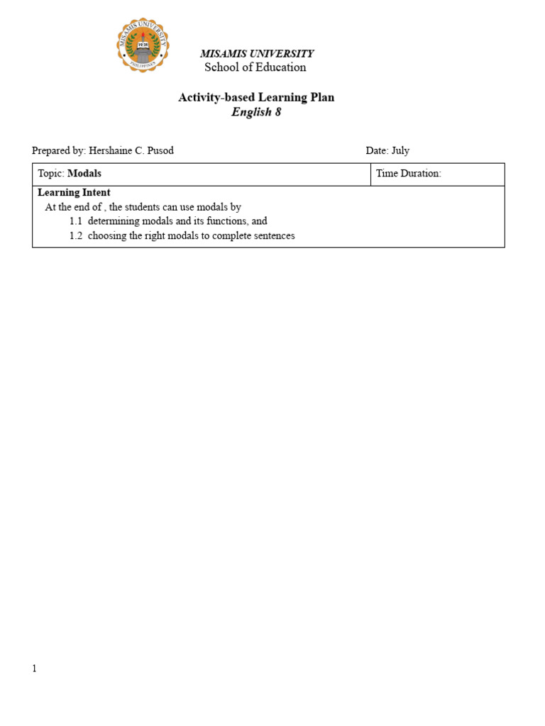 School of Education Activity-Based Learning Plan: English 8 | PDF | Grammatical Tense | Verb