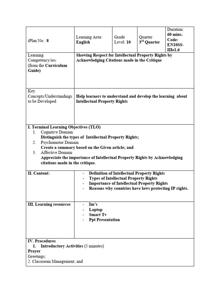 Samorano Iplan8 Grade 10 | PDF | Patent | Intellectual Property
