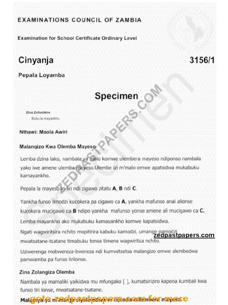 g12 Chinyanja 2020 Specimen | PDF
