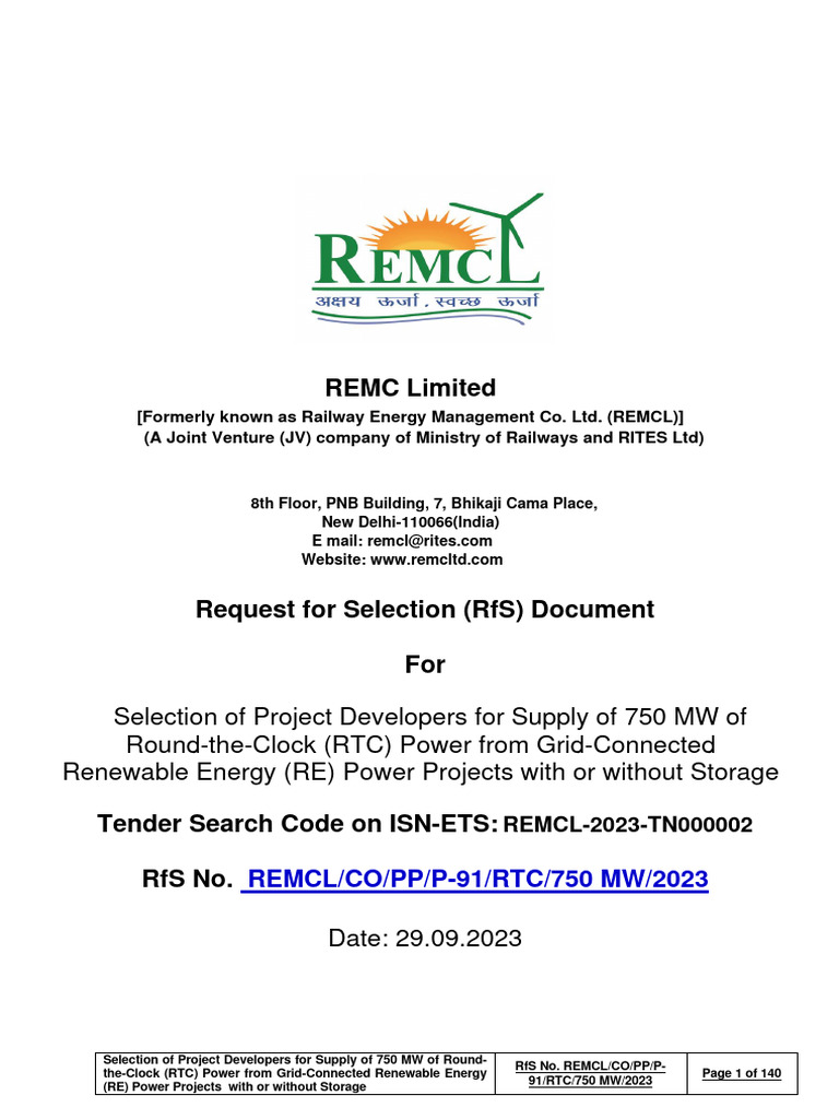 REMCL 750 MW RE With or Without Storage RTC Pan India Sep 2023 | PDF ...