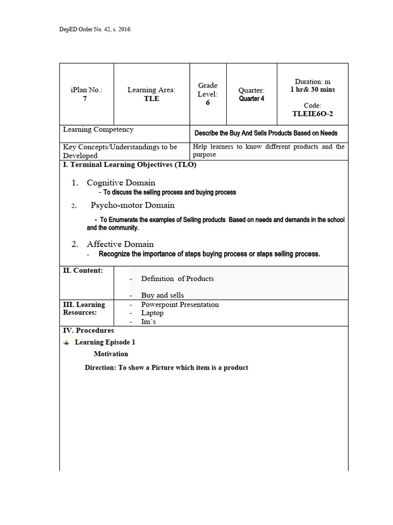 Grade 6 Lesson Plan Tle | PDF | Sales | Learning