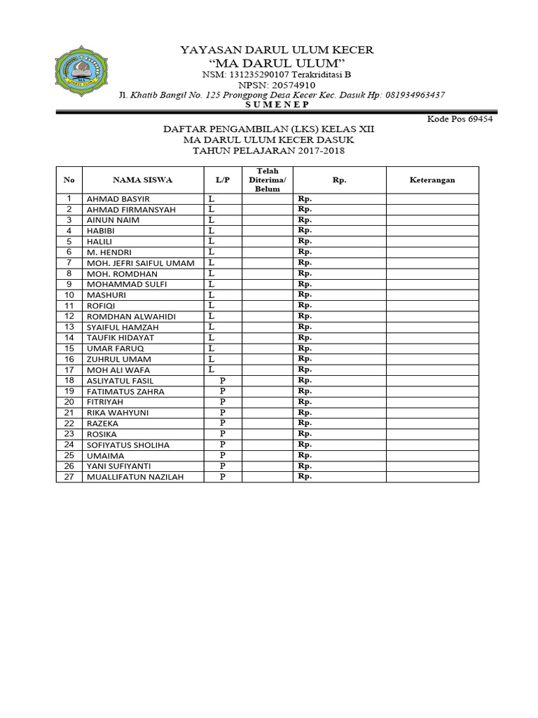 Daftar Pengambilan LKS 2017 | PDF