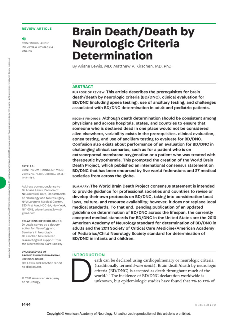 Brain Death Death by Neurologic Criteria.15 | PDF | Coma | Neurology