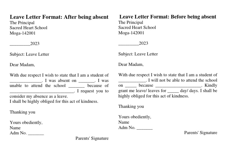 Leave Letter Formats for Students | PDF