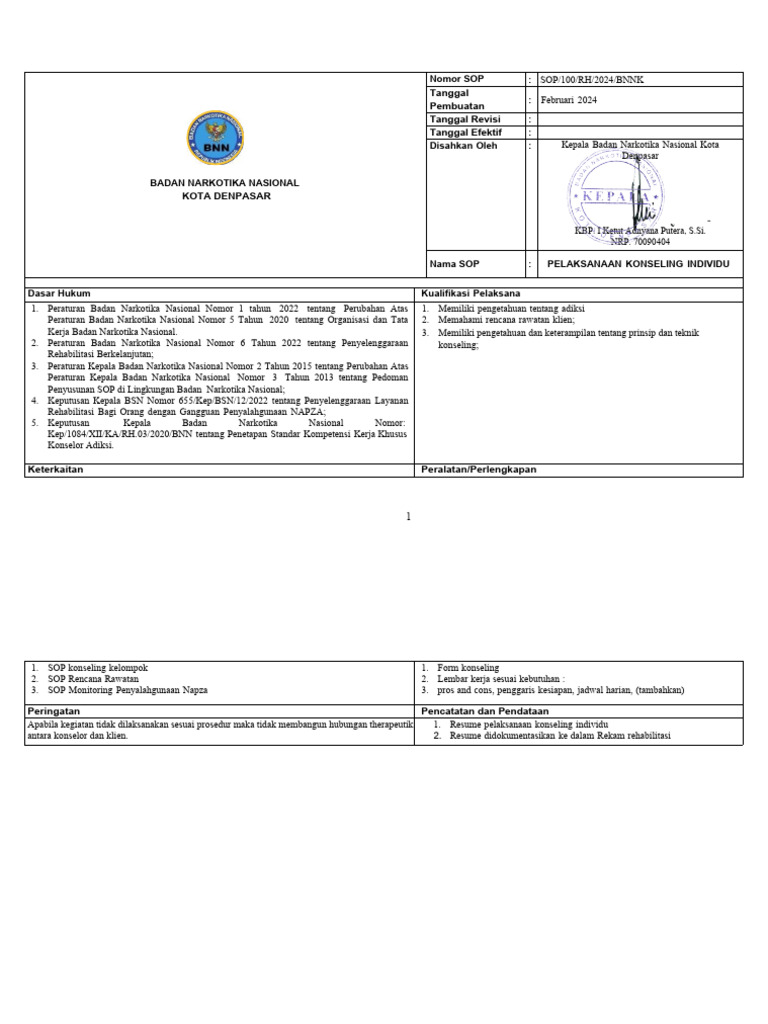 SOP Konseling Individu BNN Denpasar | PDF