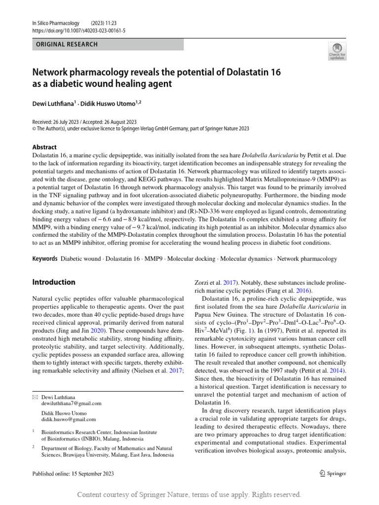 Dolastatin 16 as Diabetic Wound Healer | PDF | Docking (Molecular ...