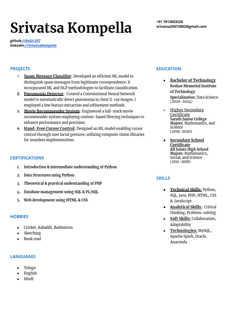 Resume (1) | Download Free PDF | Python (Programming Language) | Sql