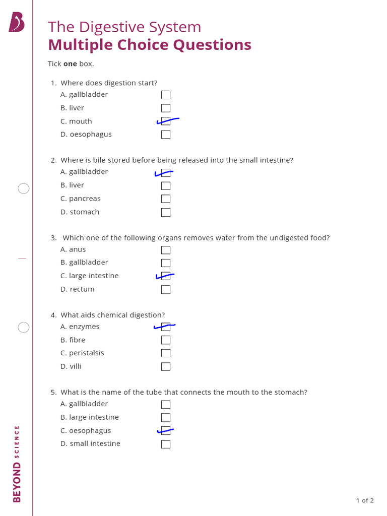 1 Digestive System MCQ (Simple) Answer | PDF | Wellness