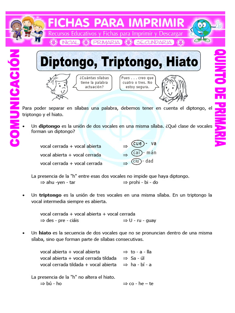 Ficha Diptongo e Hiato para Quinto de Primaria | PDF | Vocal | Lingüística