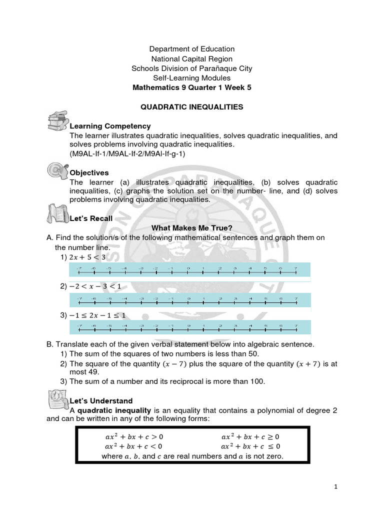 Mathematics9 Quarter1 Module5 Week5 | PDF | Quadratic Equation ...