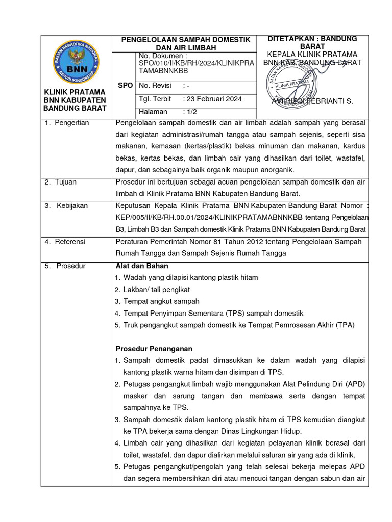 1.3.6 SPO Pengelolaan Sampah Domestik Dan Air Limbah | PDF