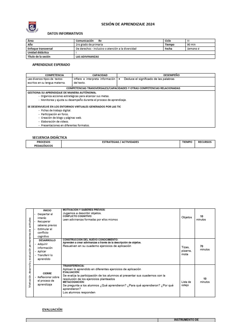 SESIÓN DE APRENDIZAJE Adivinanzas | PDF | Aprendizaje | Evaluación